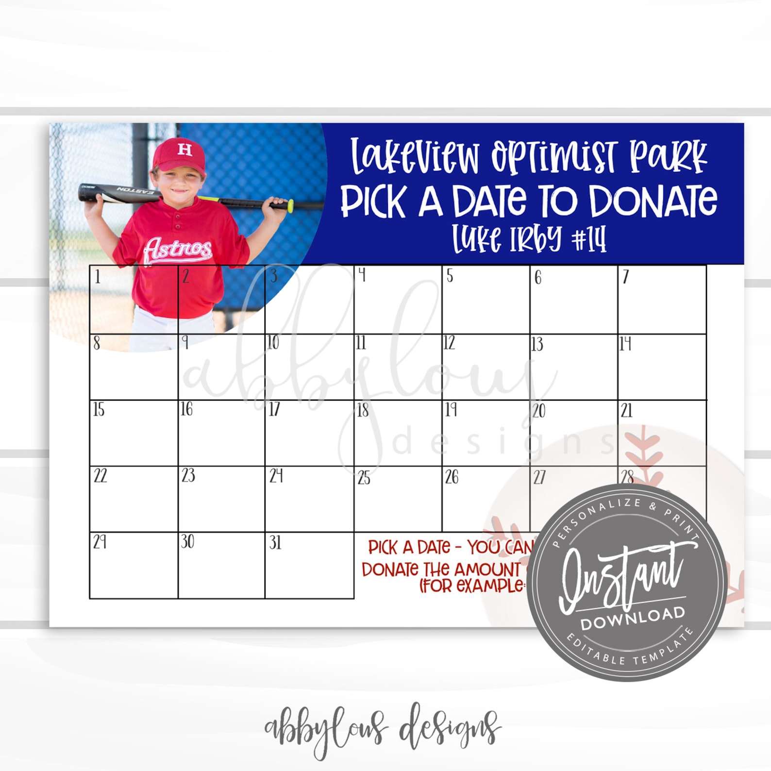 EDITABLE Baseball Fundraiser Calendar Pick a Date to Donate - Etsy