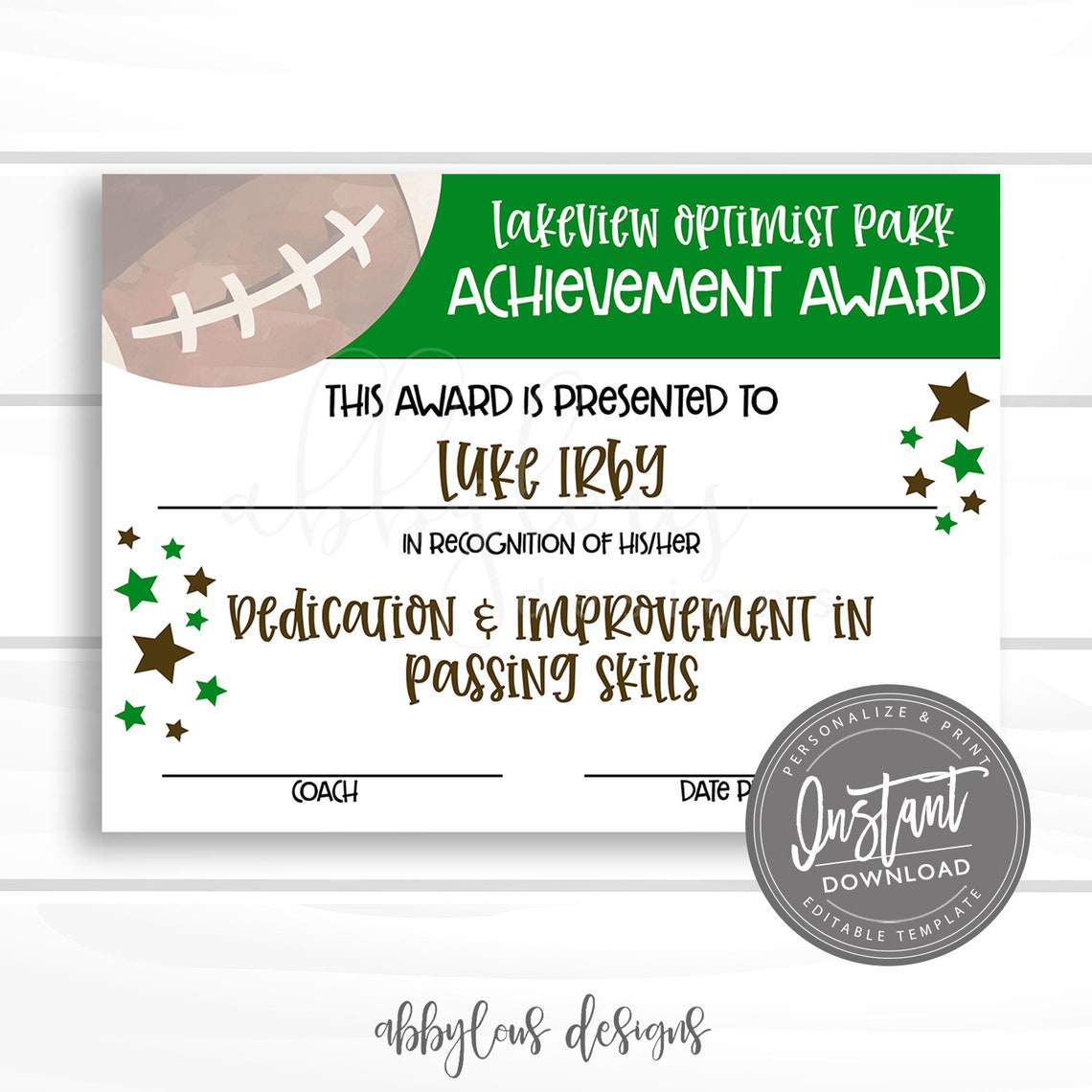 EDITABLE Football Award Certificate Printable Football Award - Etsy