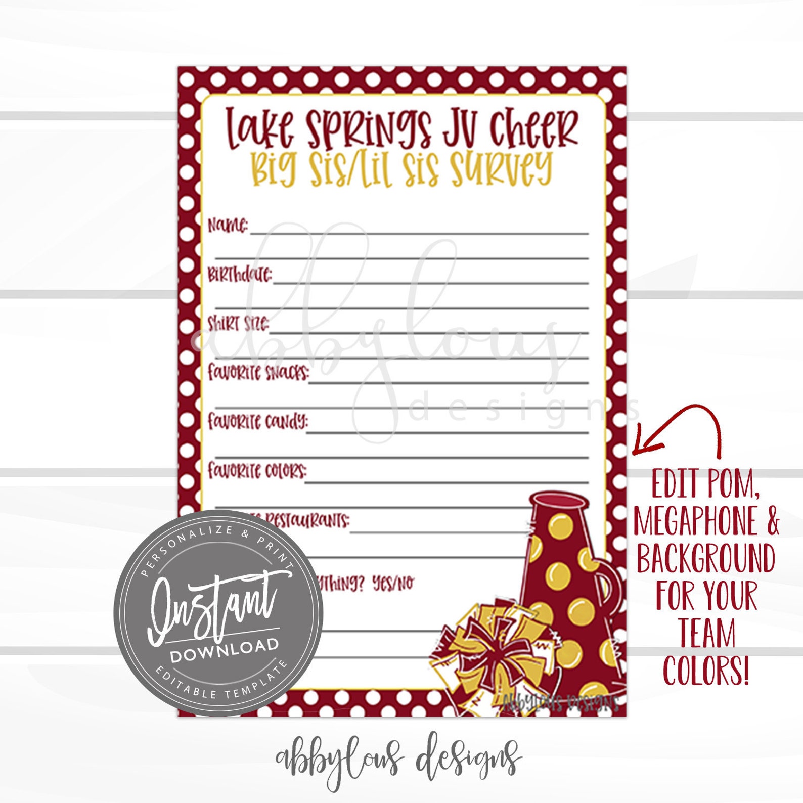 EDITABLE Cheer Questionnaire, Printable Big Sis Lil' Sis Favorite ...