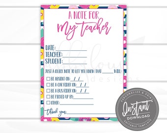 EDITABLE Note for the Teacher Printable Teacher Notes | Etsy