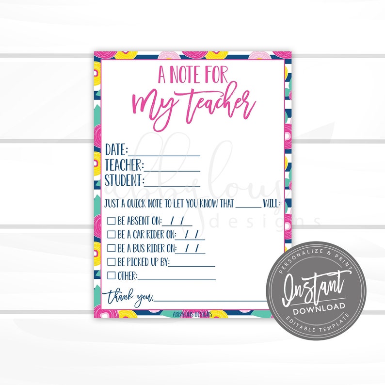 EDITABLE Note for the Teacher Printable, Teacher Notes, Teacher ...