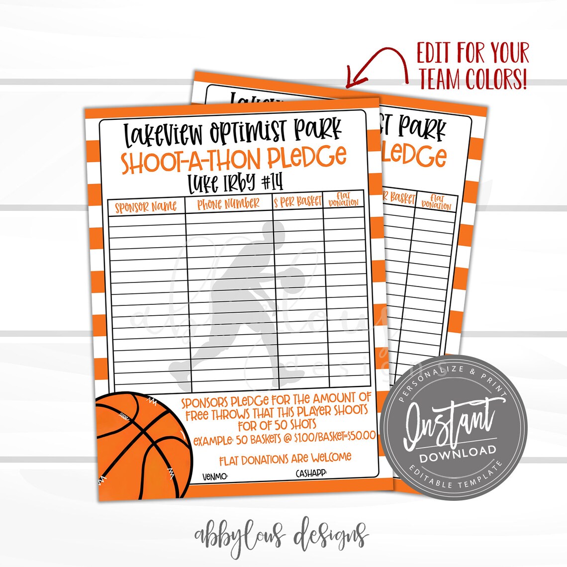 EDITABLE Basketball Shoot-a-thon Pledge Sheet, Basketball Free Throw ...