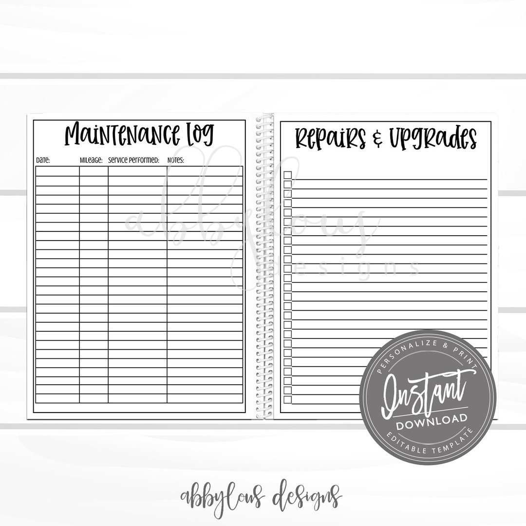 EDITABLE Maintenance Log, RV Planner, Repairs and Upgrades List, Full ...