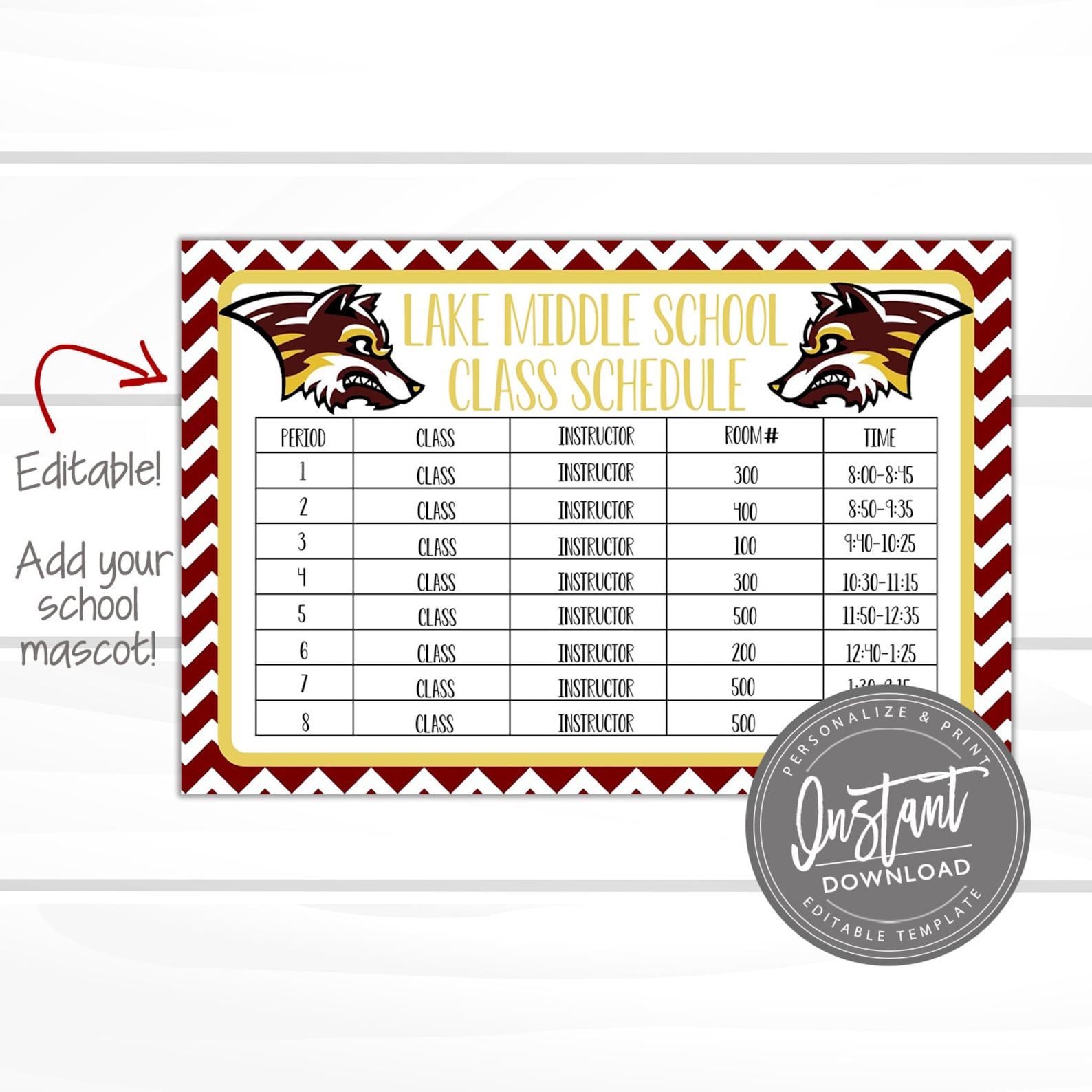 EDITABLE Class Schedule Printable Maroon and Gold Chevron | Etsy