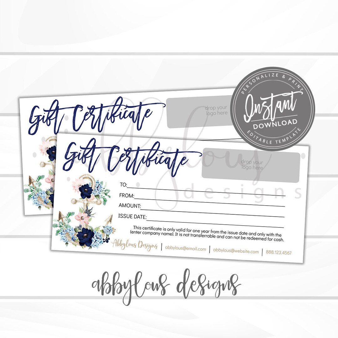 Editable Gift Certificate, Navy Anchor Editable Gift Voucher, Printable ...