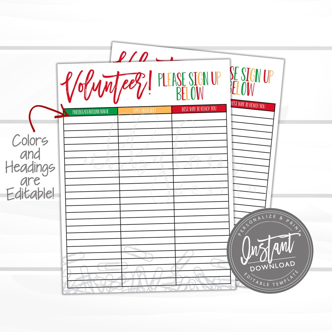 EDITABLE Teacher Volunteer Printable, PTO/PTA Sign up Sheet, Editable ...