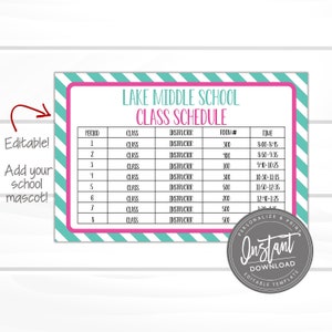 EDITABLE Class Schedule Printable, Aqua Stripe, Back to School, High ...