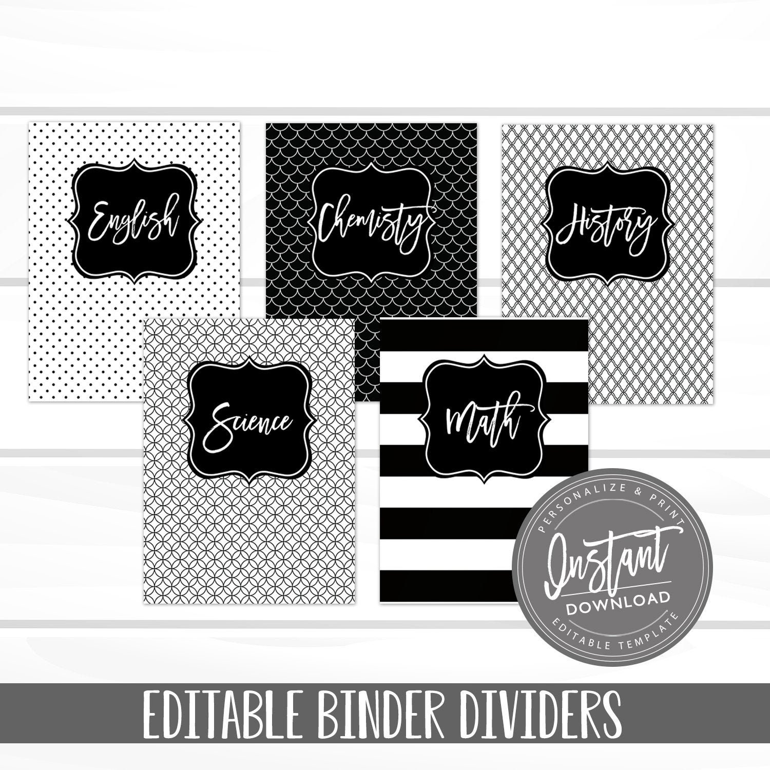 EDITABLE Binder Dividers Black & White Dividers Back to - Etsy