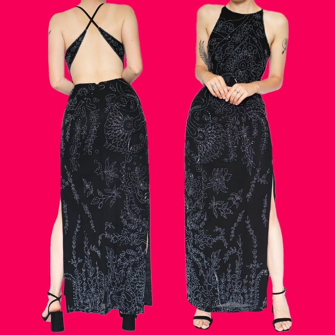 Beautiful Black Heavily Beaded Open Back Evening Prom Ball Gown Dress ...