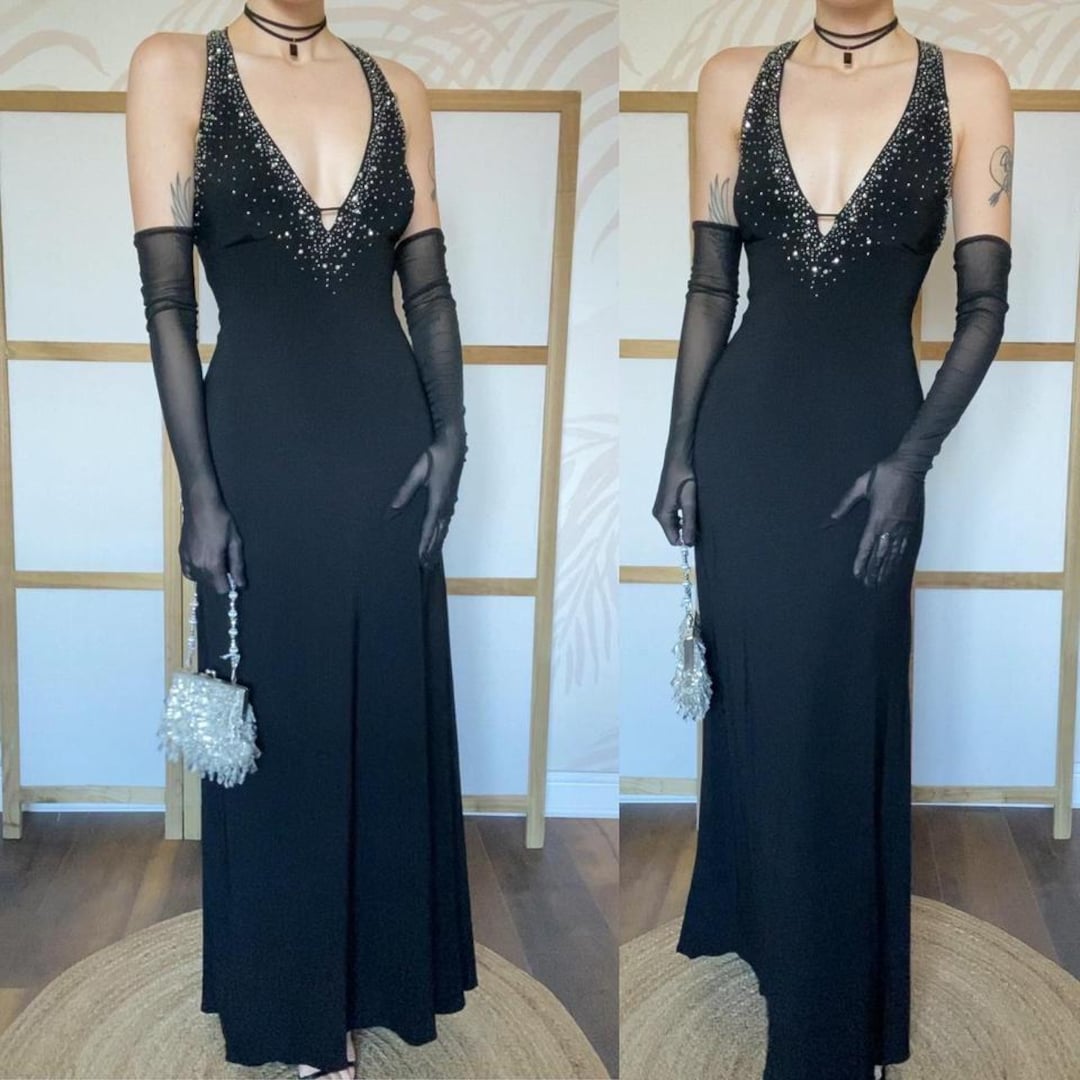 Black 90s Flori Design Beaded Stretch Low Cut Evening Dress Prom Dress ...