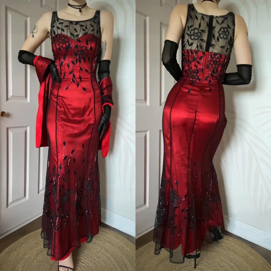 Jora Vintage Red Beaded Evening Prom Dress & Shawl UK 14 - Ball Gown ...
