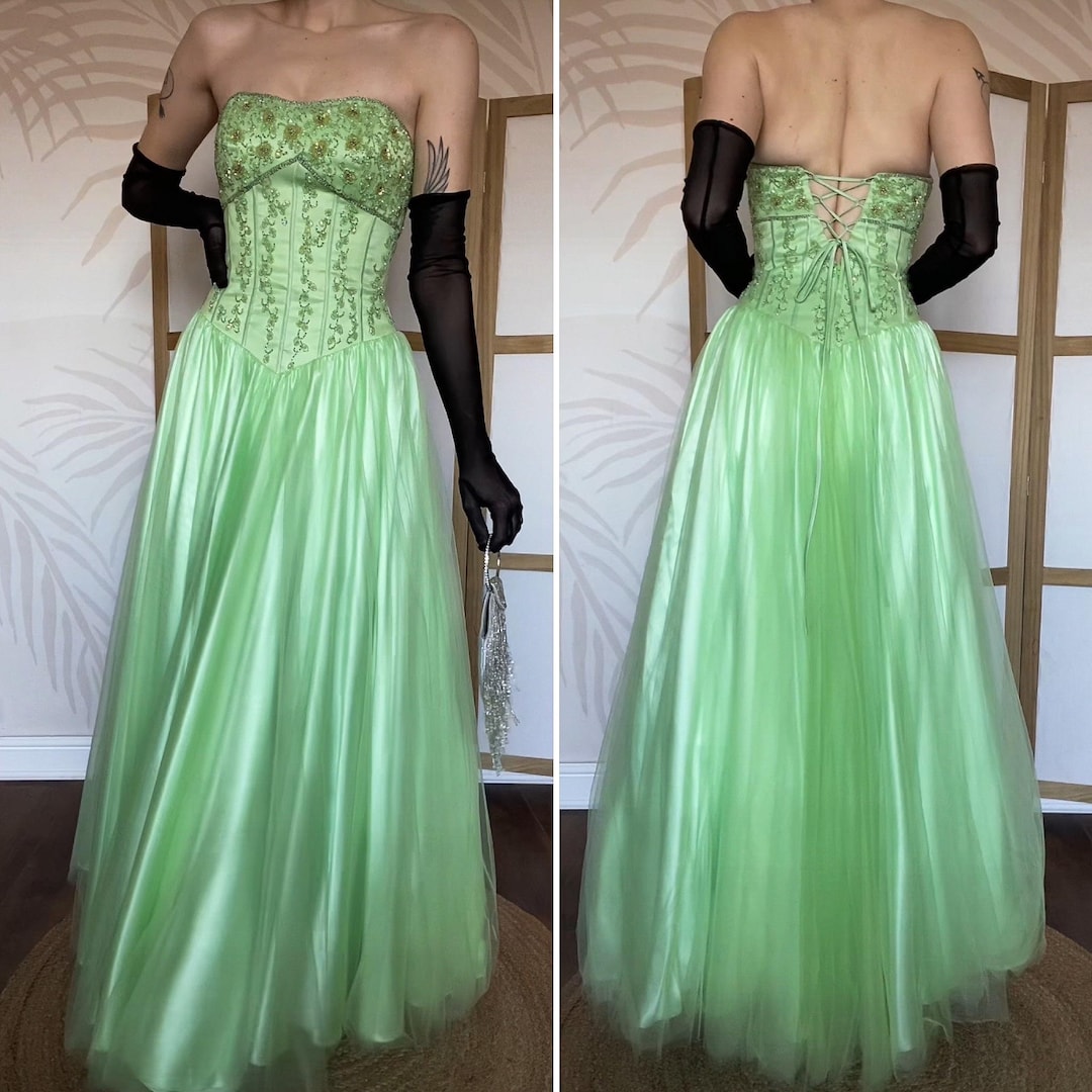 Tiffany Bling Bright Green Strapless Beaded Prom Dress Ball Gown Size ...