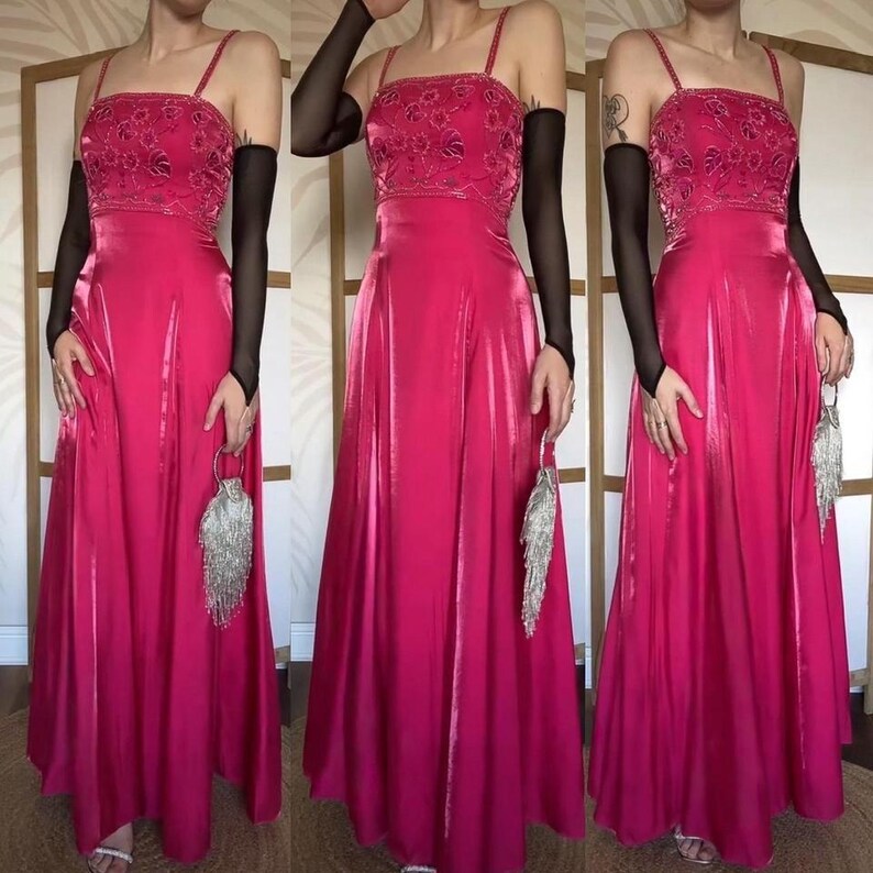 Jora Vintage Fuchsia Pink Beaded Fit and Flare Evening Prom Dress Uk 12 ...