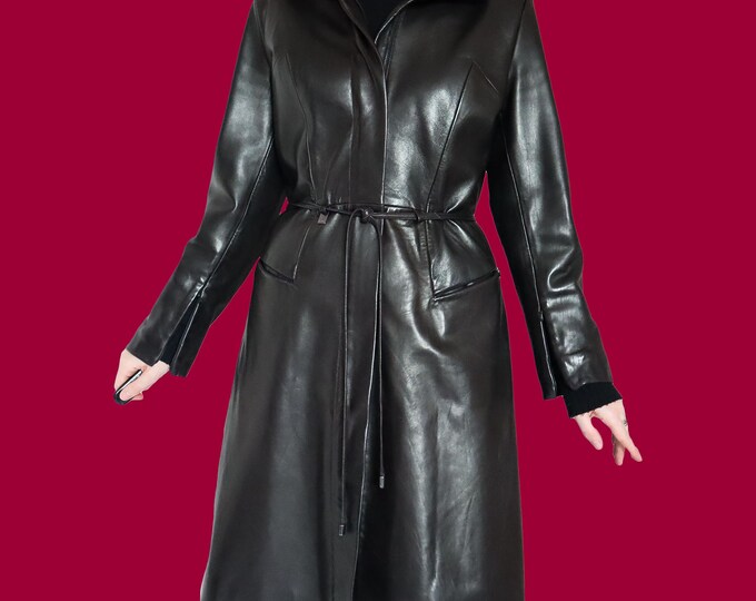 Vintage Black Real Leather Long Jacket With Belt UK 12 - Etsy