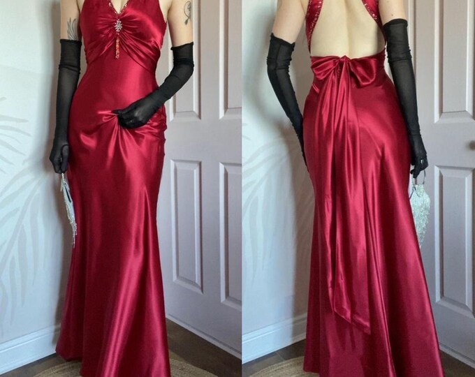 Red Vintage Satin Niki Livas Open Back Evening Gown Prom Dress UK 10 ...