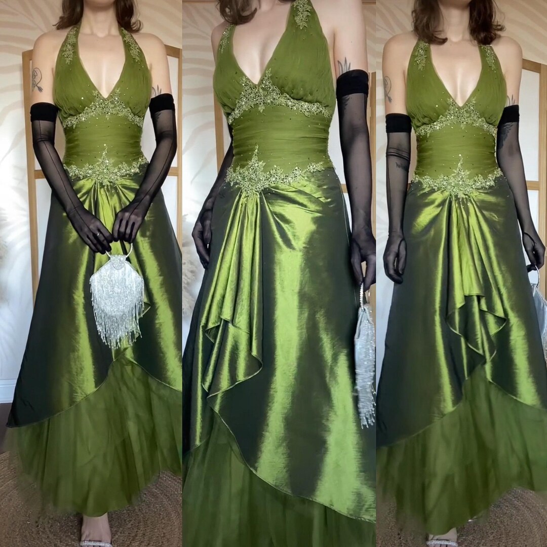 Green Goya Vintage Halter-neck Fairycore Prom Dress Ball Gown Uk 10/us ...