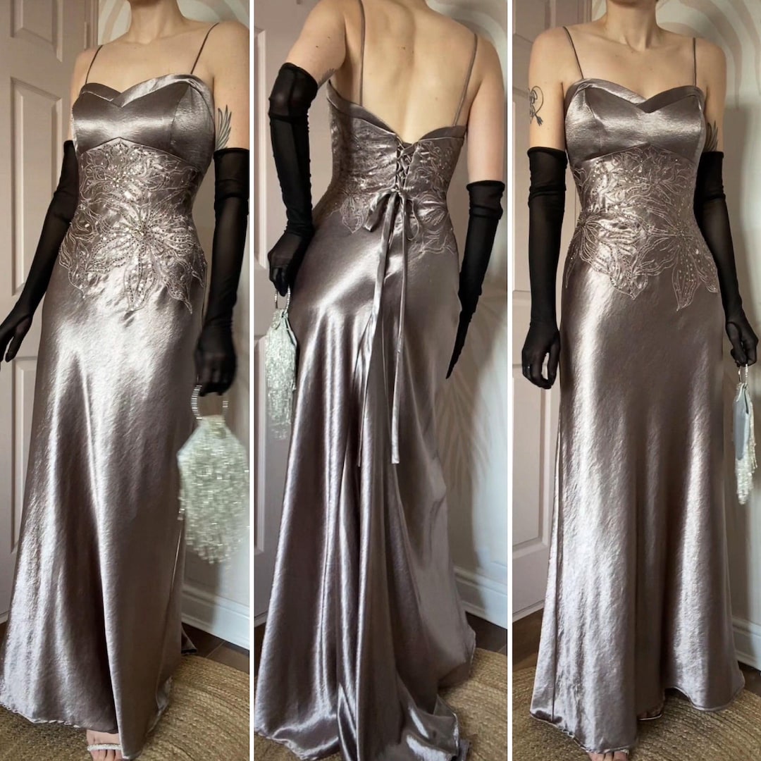 VTG Shimmery Vintage Niki Livas Silver Evening Gown Prom Dress UK 10 ...