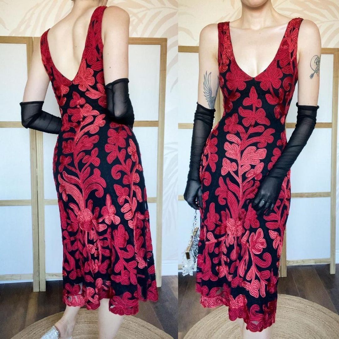 Red & Black Phase Eight Stretch a Line Midi Evening Dress UK 8 and UK ...