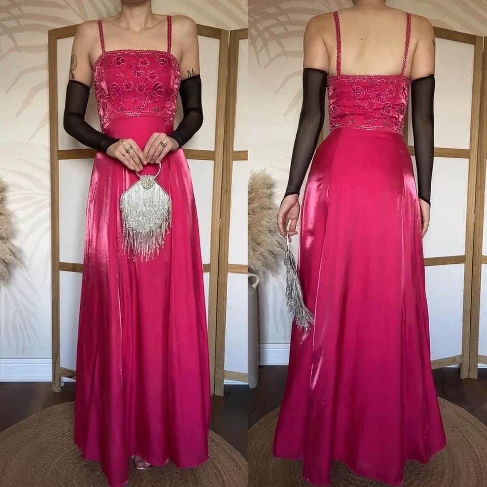 Jora Vintage Fuchsia Pink Beaded Fit and Flare Evening Prom Dress Uk 12 ...