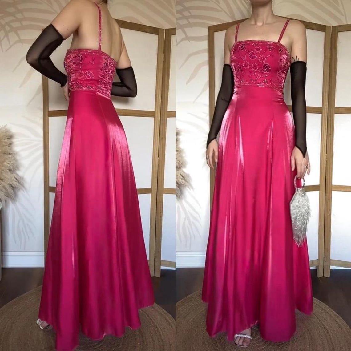 Jora Vintage Fuchsia Pink Beaded Fit and Flare Evening Prom Dress Uk 12 ...