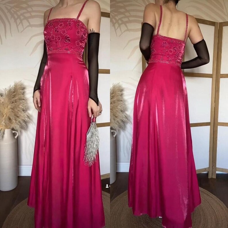 Jora Vintage Fuchsia Pink Beaded Fit and Flare Evening Prom Dress Uk 12 ...