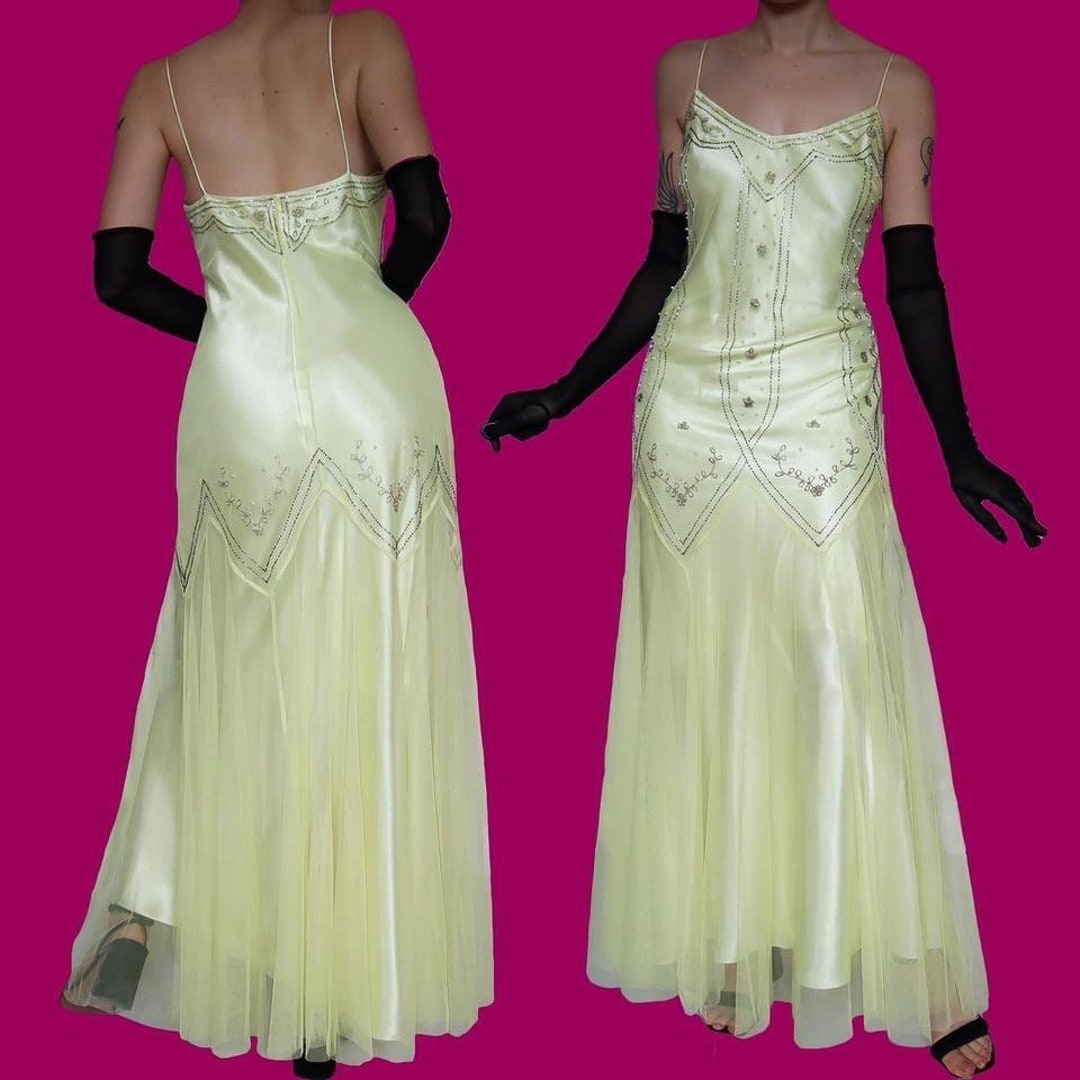Yellow Dave Johnny Vintage Yellow Beaded Evening Gown Prom Dress UK 12 ...