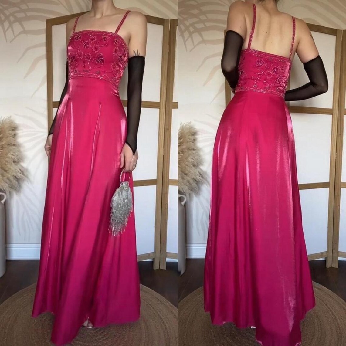 Jora Vintage Fuchsia Pink Beaded Fit and Flare Evening Prom Dress Uk 12 ...