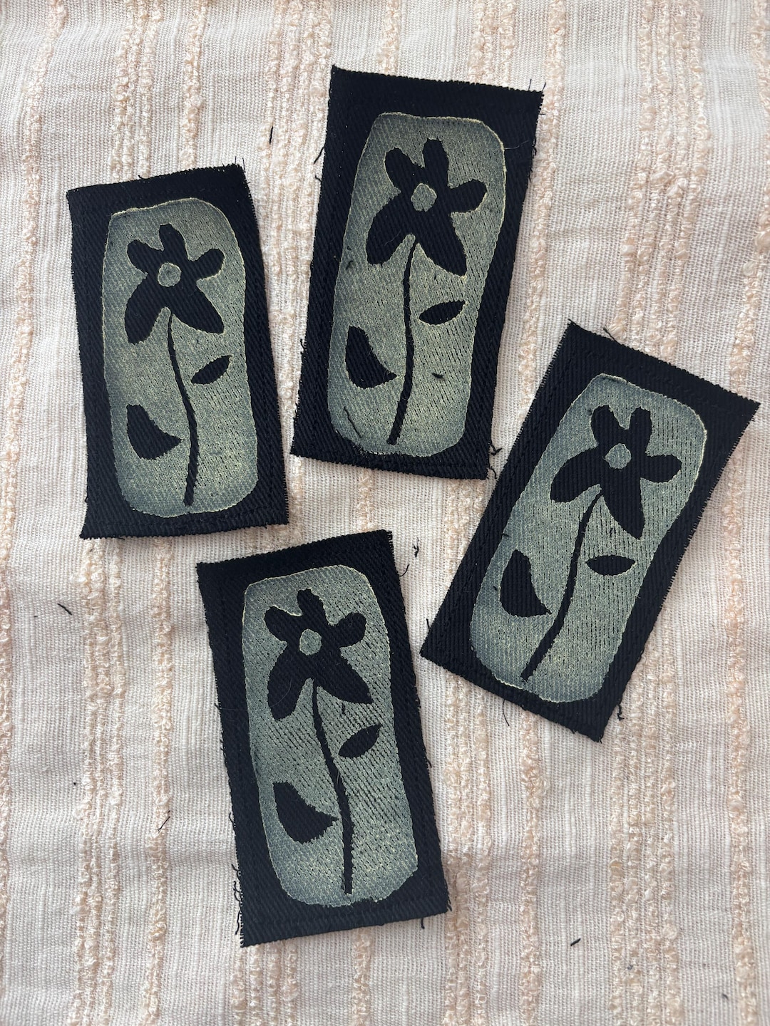 Blocky Flower Black Canvas Linocut Patch | Sew-on or Iron-on ...