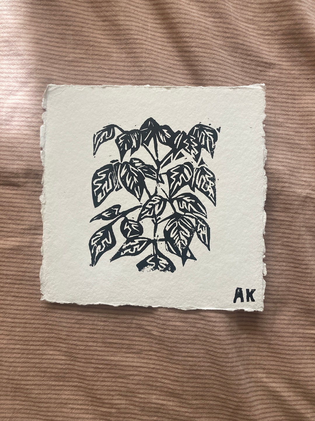 Cute Plant Linocut Print on Thick Handmade Paper - 8x8" - Cute Bedroom ...