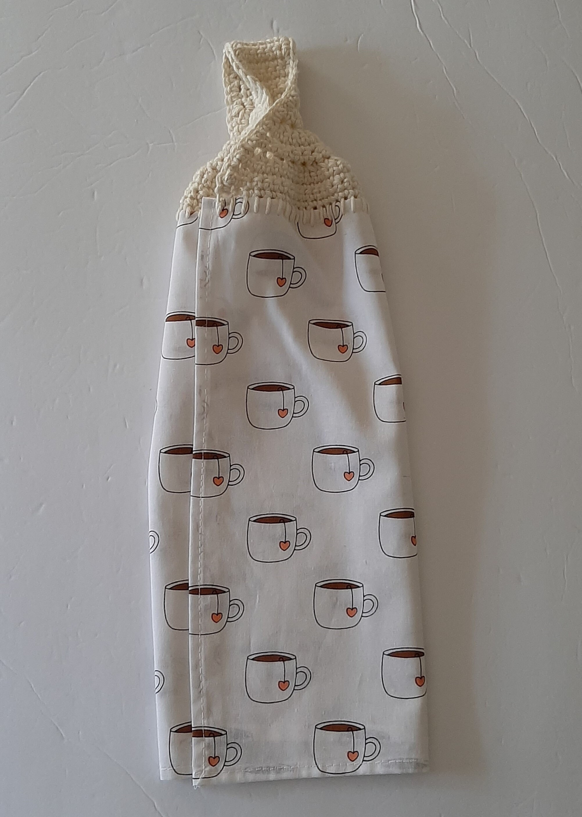 Teacup Design Kitchen Towel With Crocheted Topper for Hanging Cotton ...