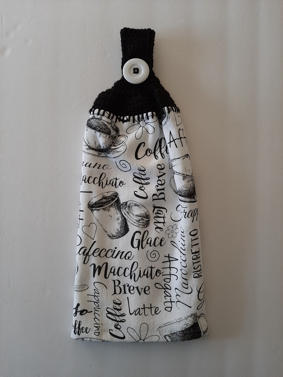 Coffee Drinks Design Kitchen Towel With Crocheted Topper for Hanging ...