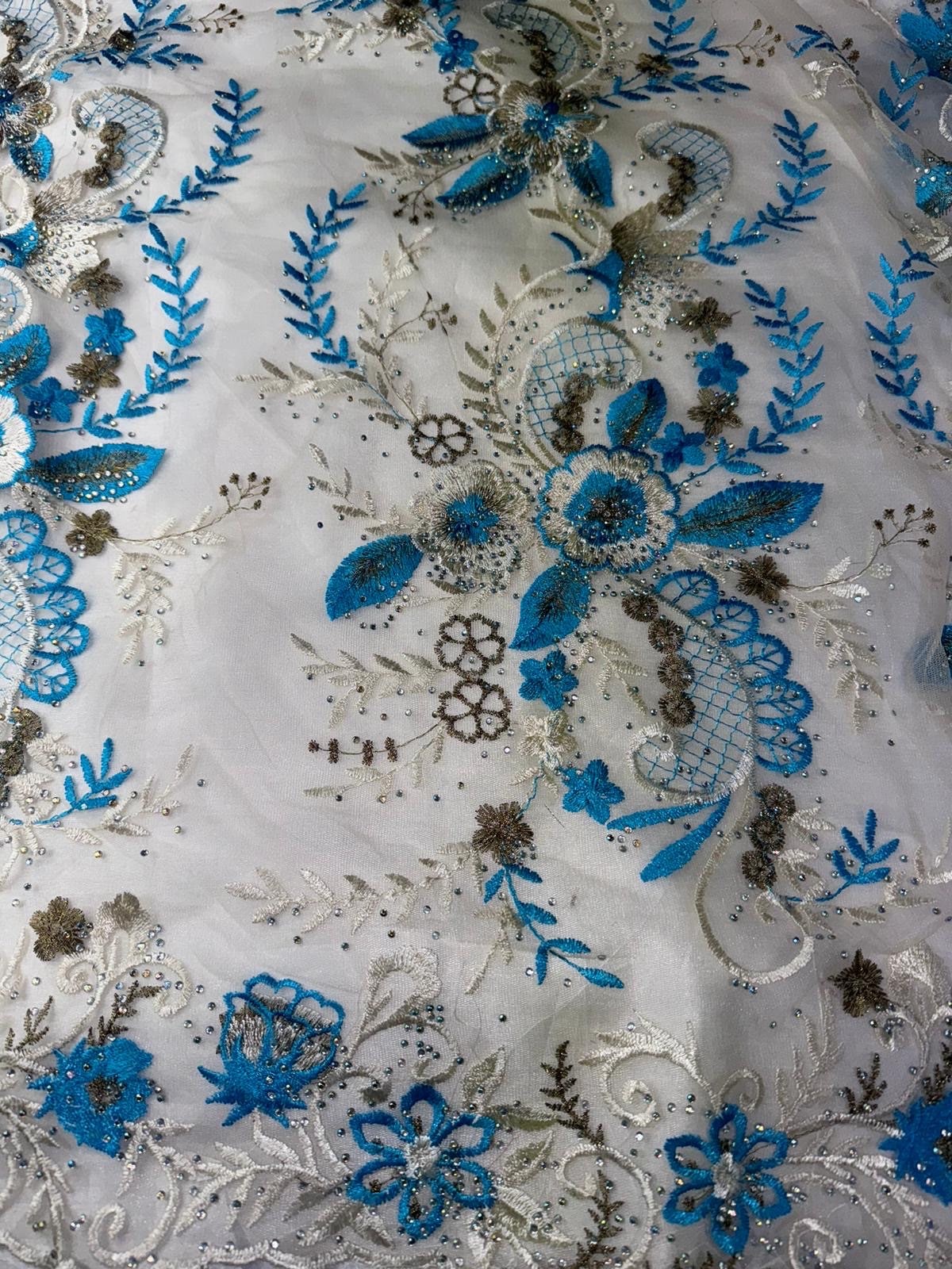 1 Meter Ivory/blue Floral Luxury Heavy Embroidered Studded Scalloped ...