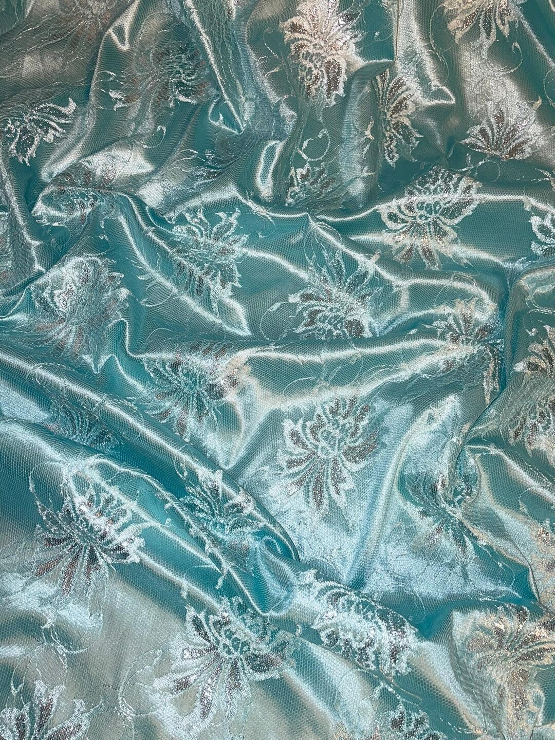 1 Meter Turqoise Floral Metallic Lace on Satin Bridal Fabric 58” Wide ...