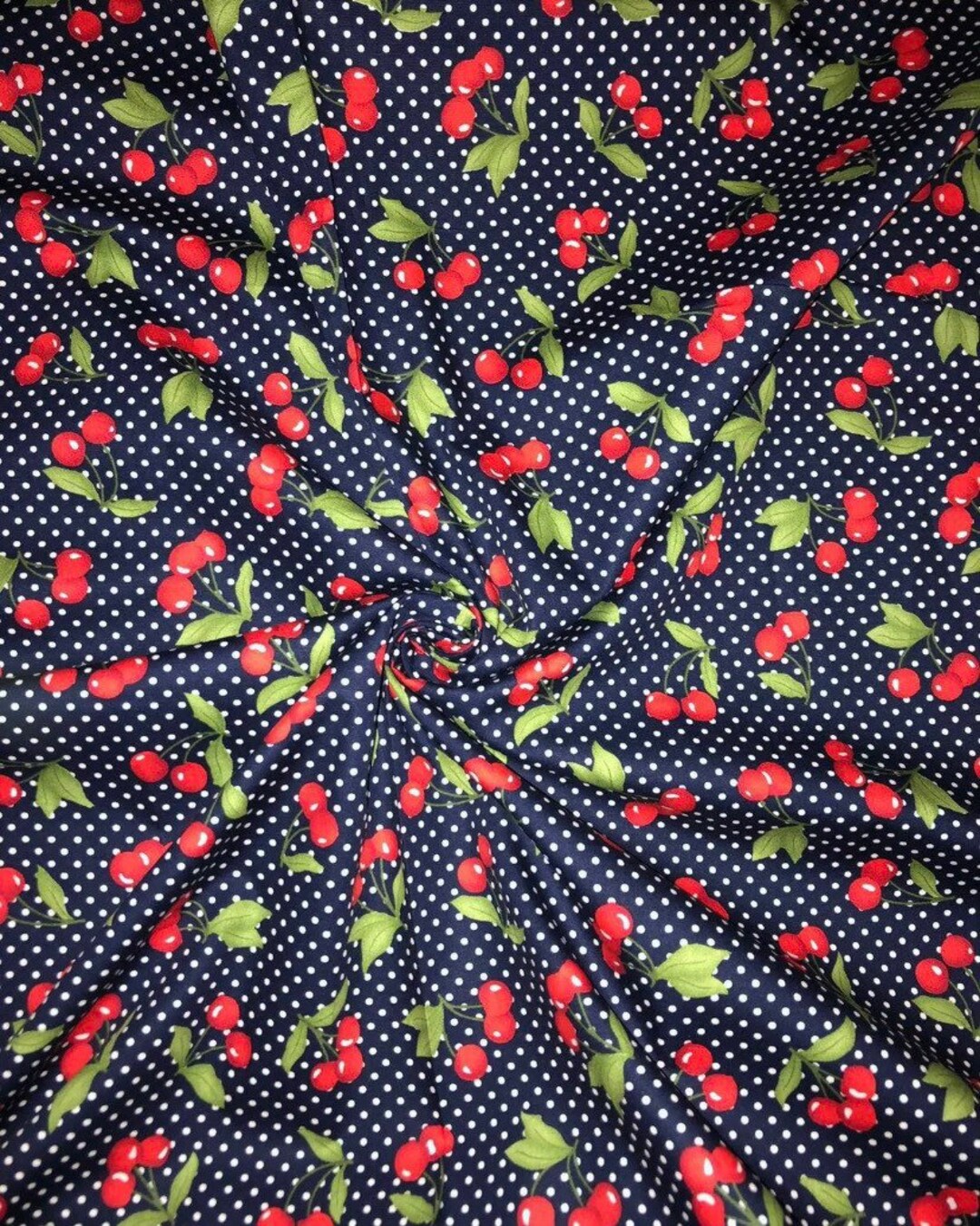1 Meter Navy Cherry Print Soft 100% Cotton Fabric 45” Wide New in Stock ...