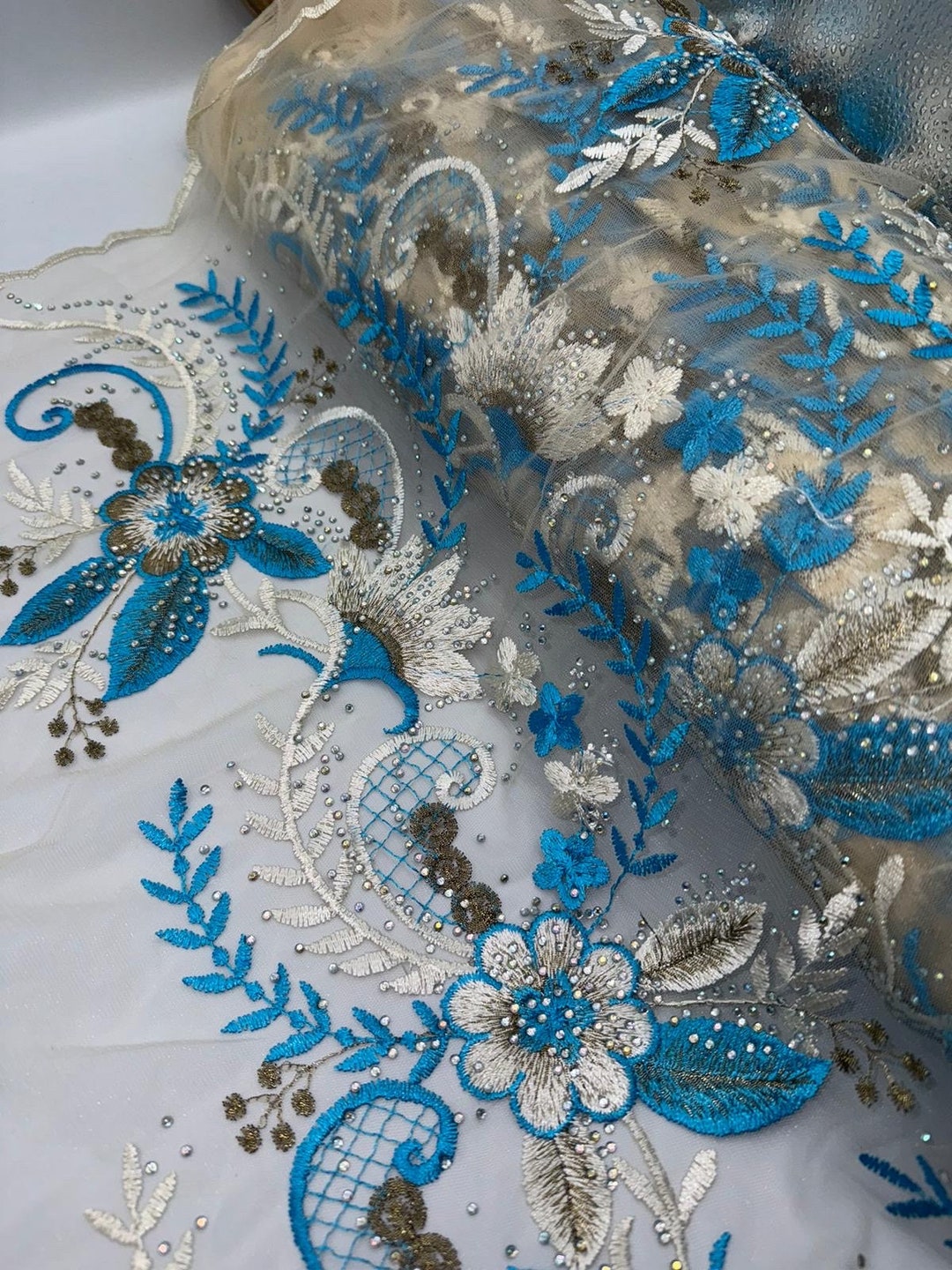 1 Meter Ivory/blue Floral Luxury Heavy Embroidered Studded Scalloped ...