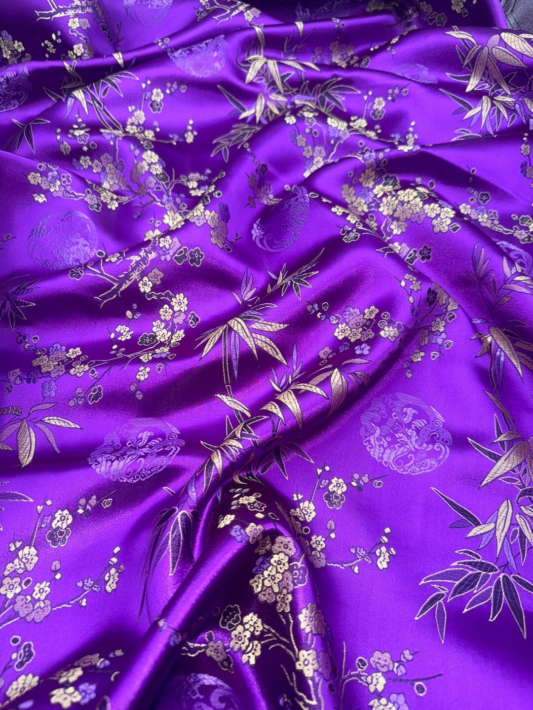 1 Meter Purple Chinese Shanghai Floral Medallion Blossom Silky Satin ...