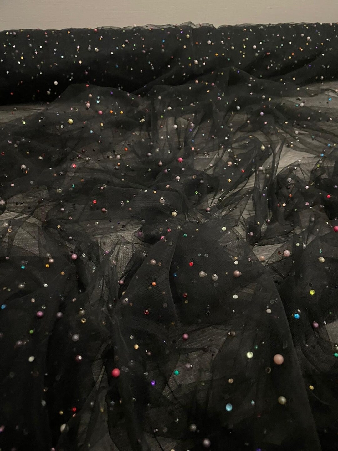 1 Meter Black Multi Coloured Studded Soft Tulle Pearl Net Fabric 58 ...