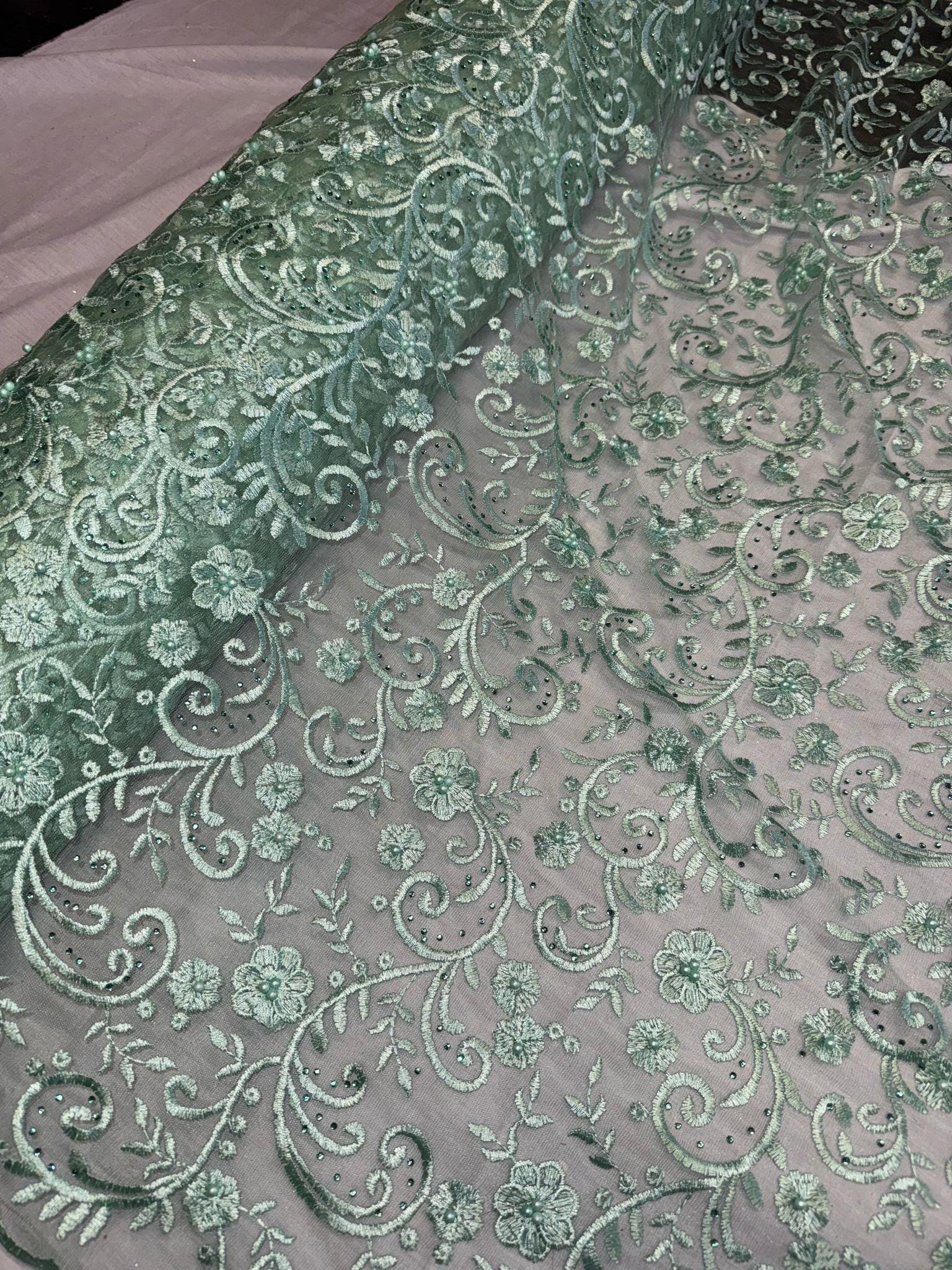 1 Meter Mint Green Floral Pearl Embroidered Scalloped Studded Bridal ...