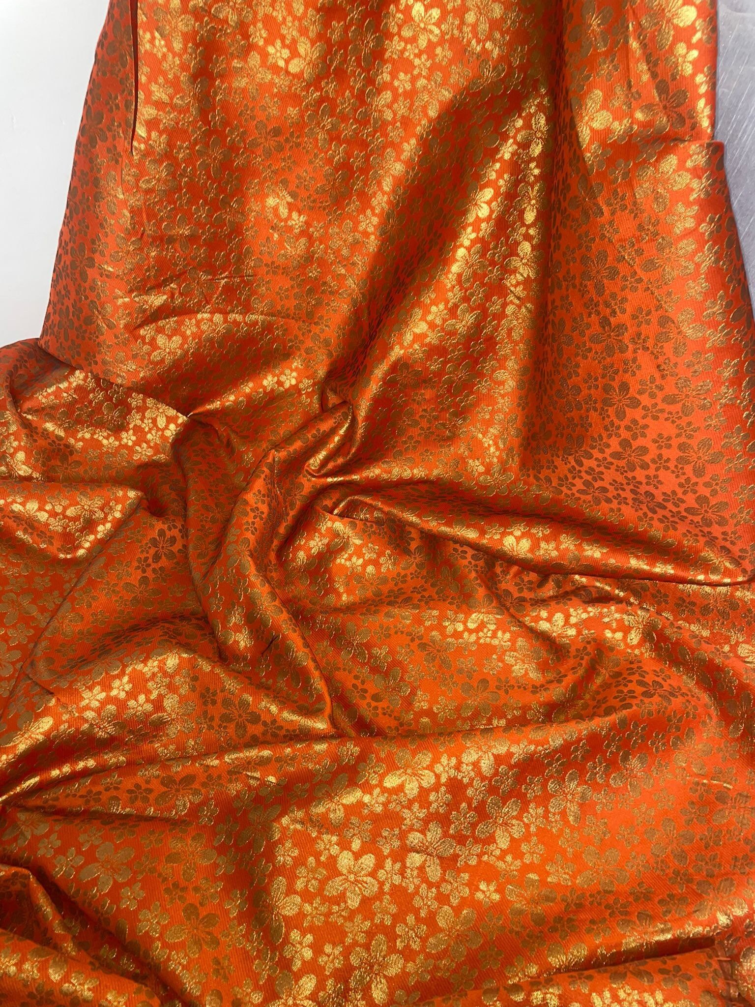 1 Meter Orange/gold Soft Floral Print Metallic Brocade/jacquard Banarsi ...