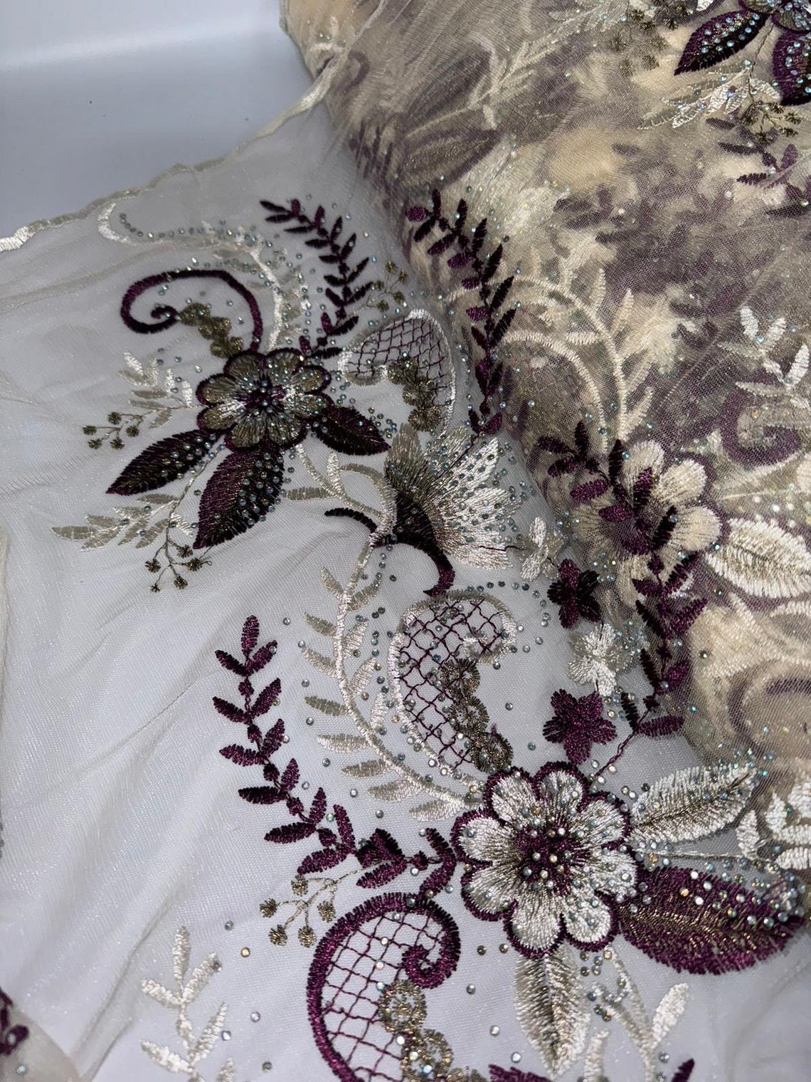 1 Meter Ivory/purple Floral Luxury Heavy Embroidered Studded Scalloped ...