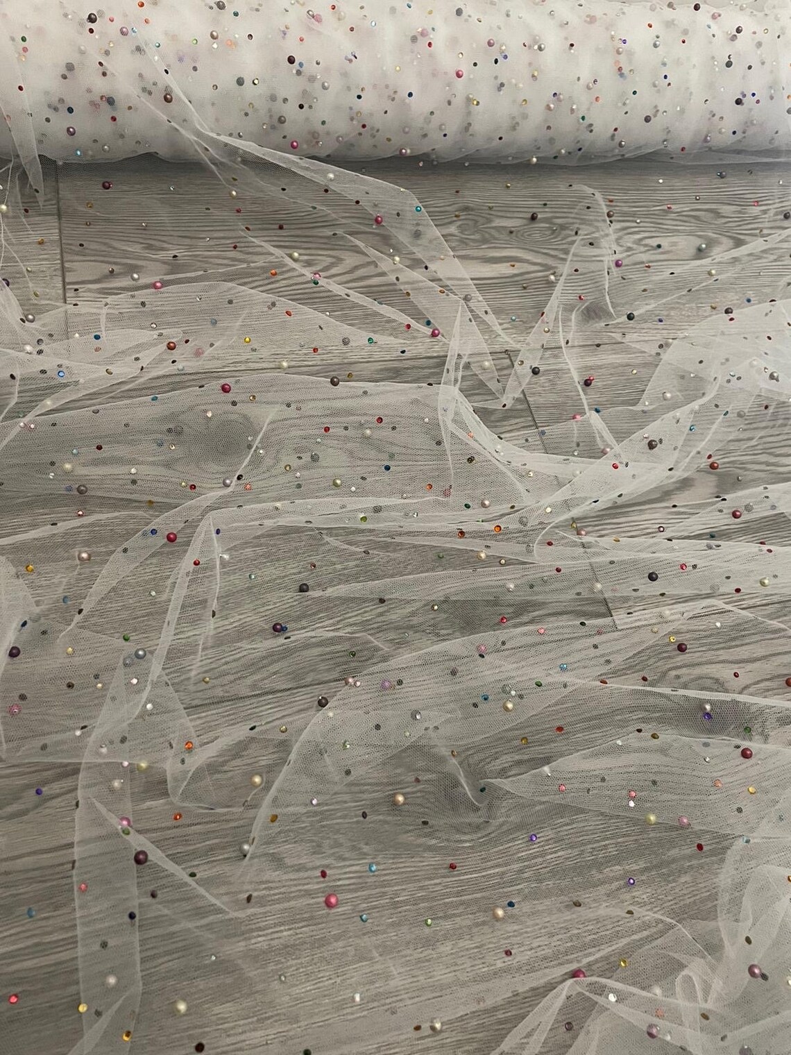 1 Meter Ivory Multi Coloured Studded Soft Tulle Pearl Net Fabric 58 ...