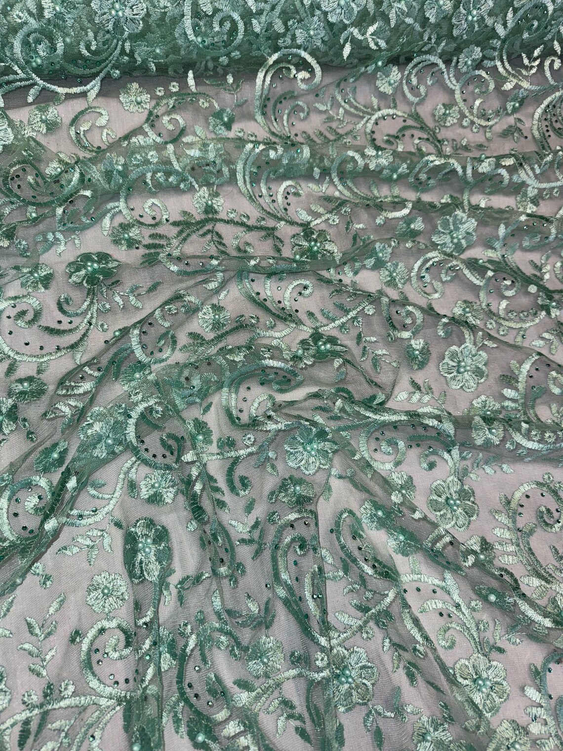 1 Meter Mint Green Floral Pearl Embroidered Scalloped Studded Bridal ...