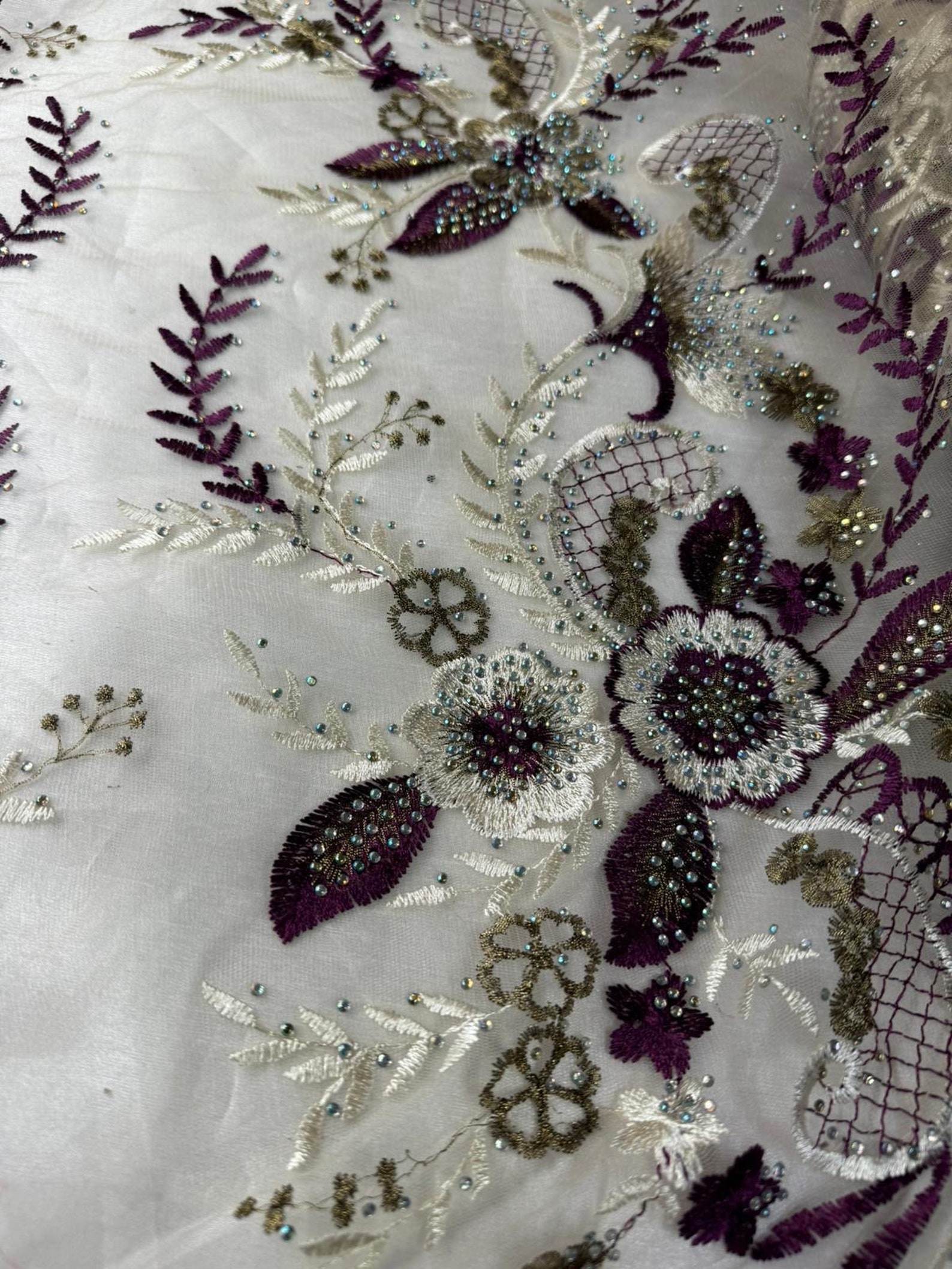 1 Meter Ivory/purple Floral Luxury Heavy Embroidered Studded Scalloped ...