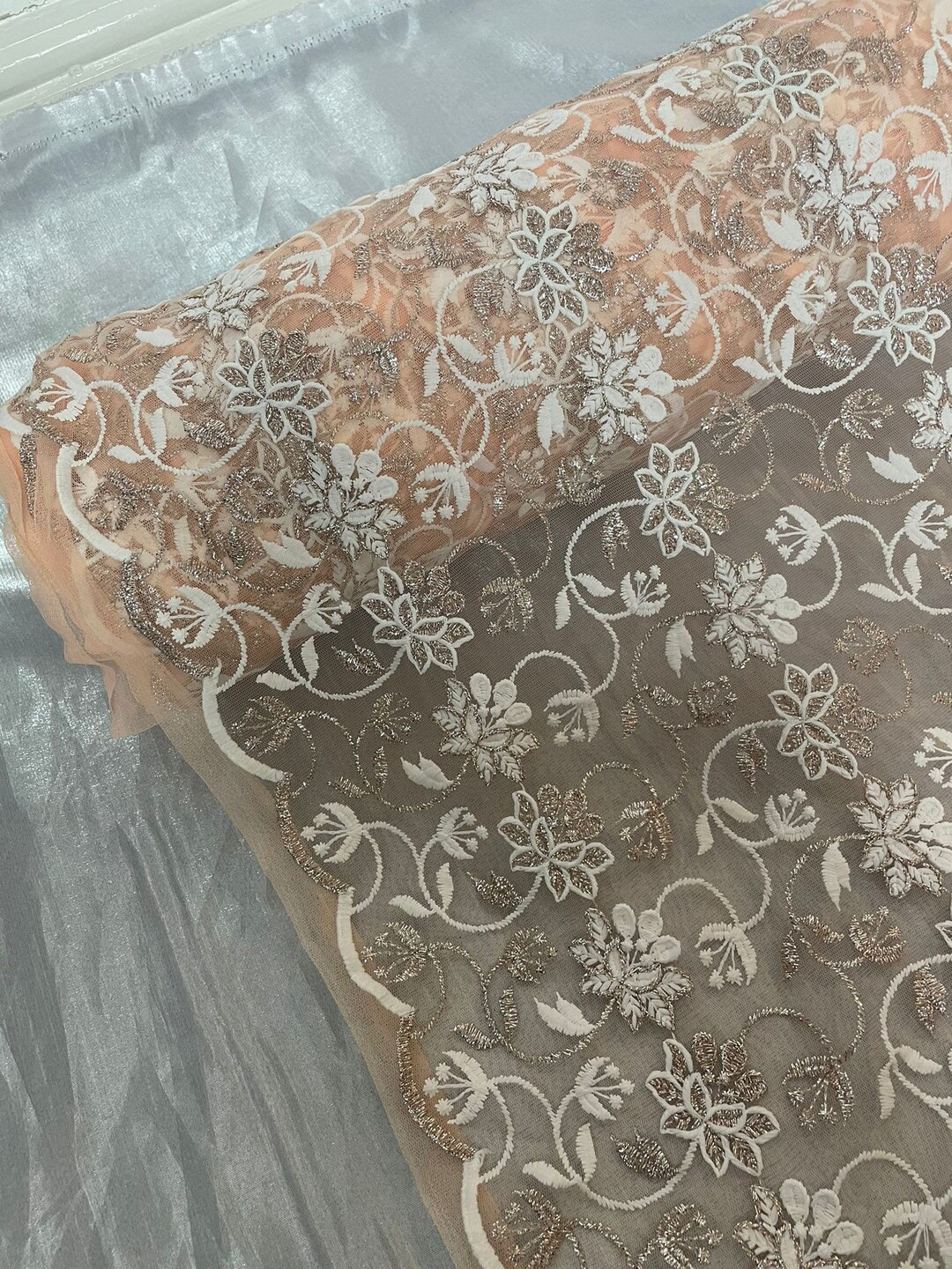 1 Meter Peach Floral Scalloped Embroidery Bridal Tulle Net Fabric 54 ...