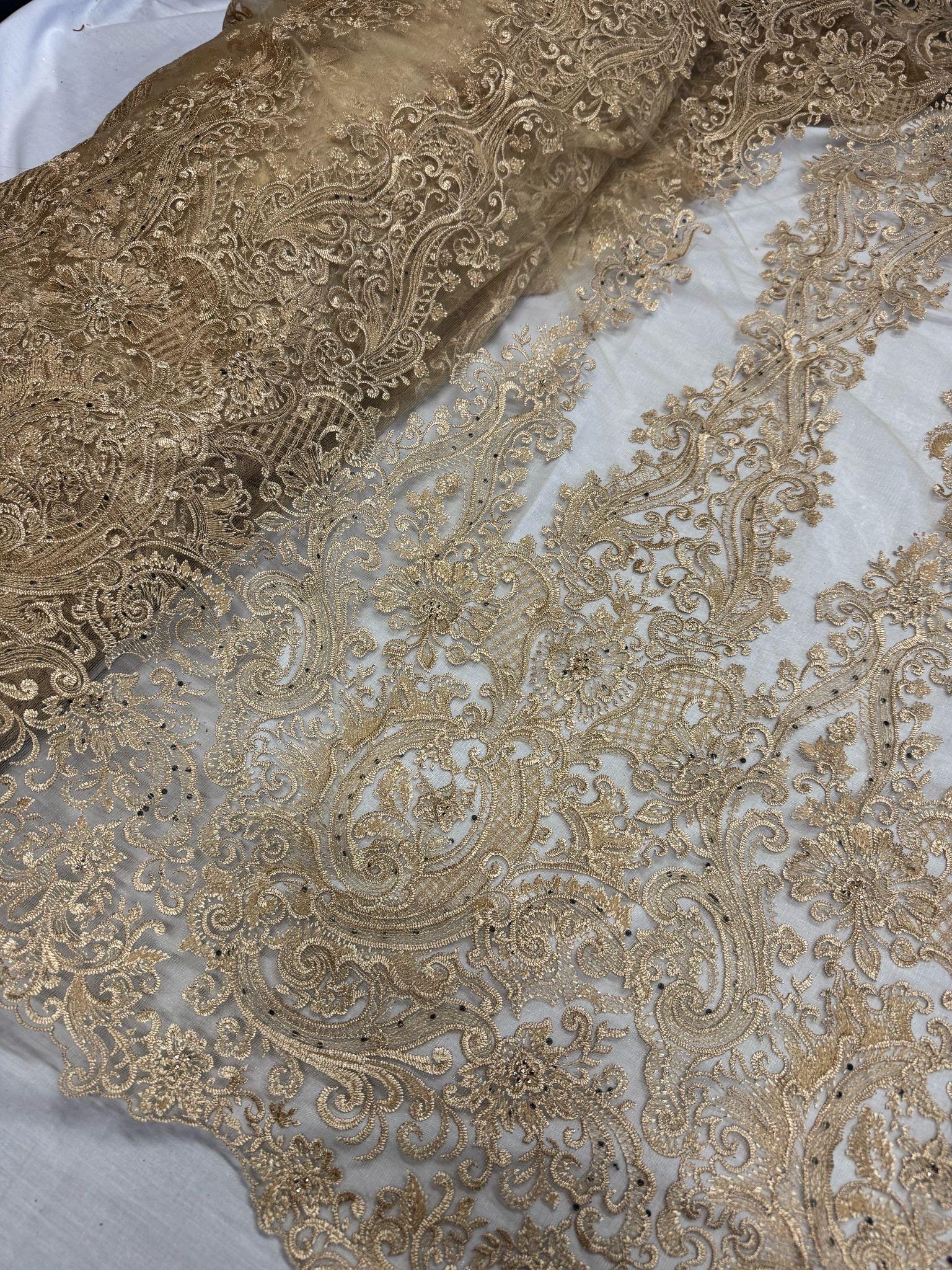 1 Meter Gold Luxury Heavy Embroidered Studded Soft Bridal Tulle Net ...