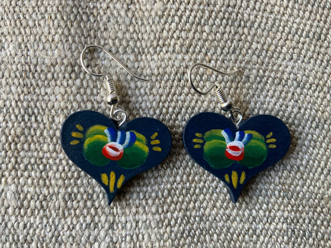 Norwegian Rosemaling Heart Earrings - Midnight Blue - Etsy