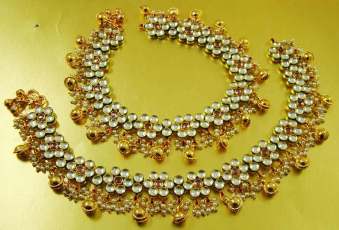 Kundan Bridal Anklets, Gold Plated Polki Pajeb Pair - Etsy