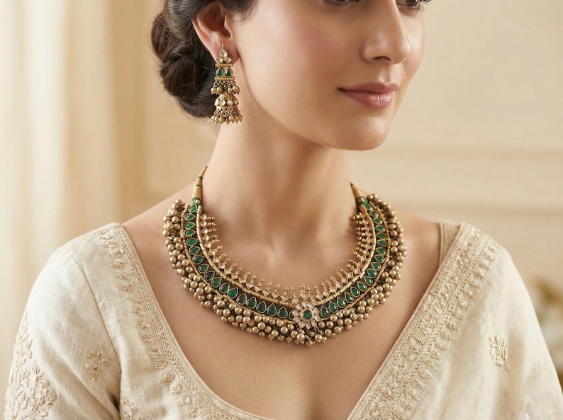Kundan Choker Necklace Set, Traditional Green Tussi Style, Indian ...