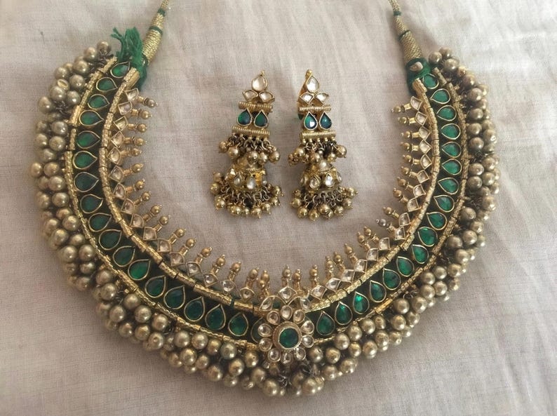 Kundan Choker Necklace Set, Traditional Green Tussi Style, Indian ...