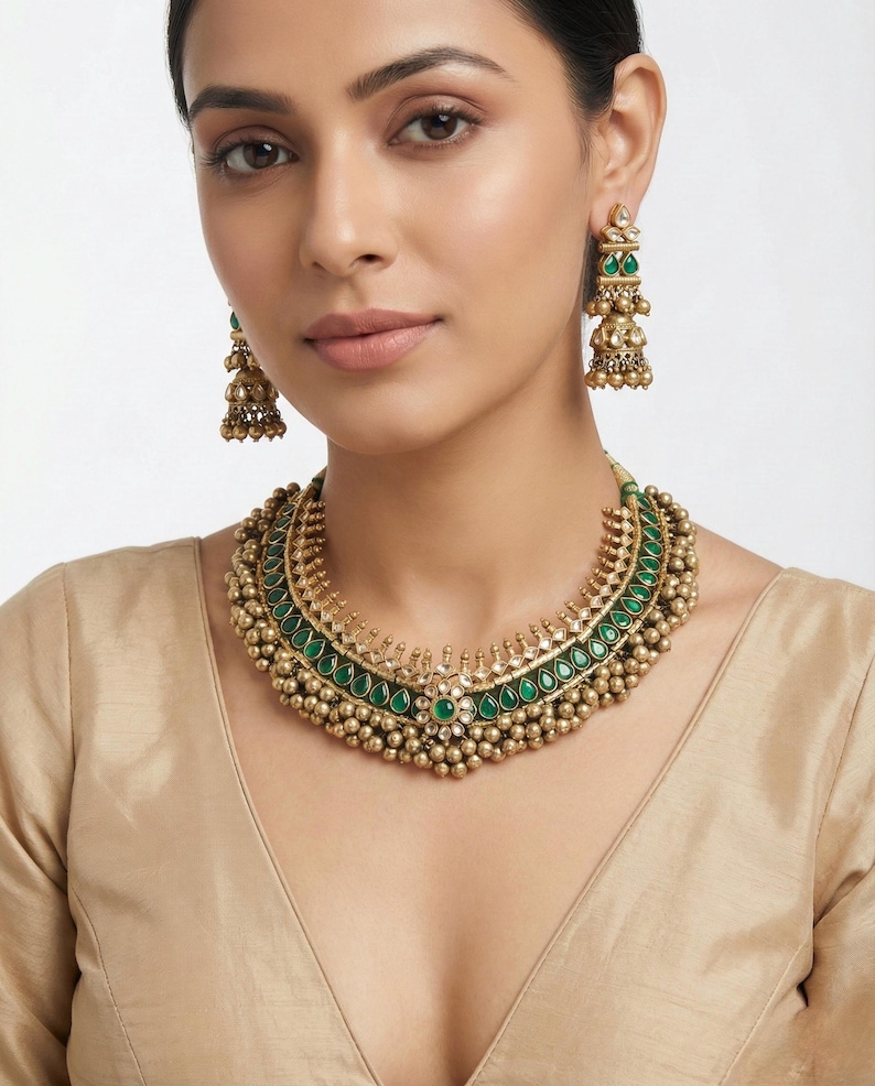 Kundan Choker Necklace Set, Traditional Green Tussi Style, Indian ...
